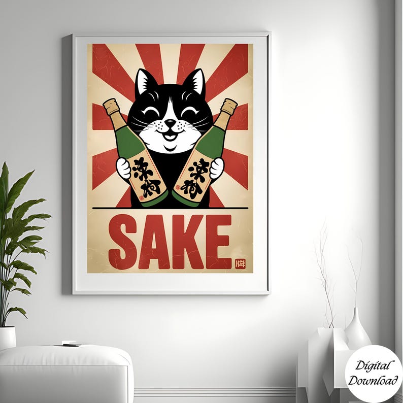 Vintage Japanese Cat Sake Poster - Retro Wall Art | Fun Cat and Sake ...
