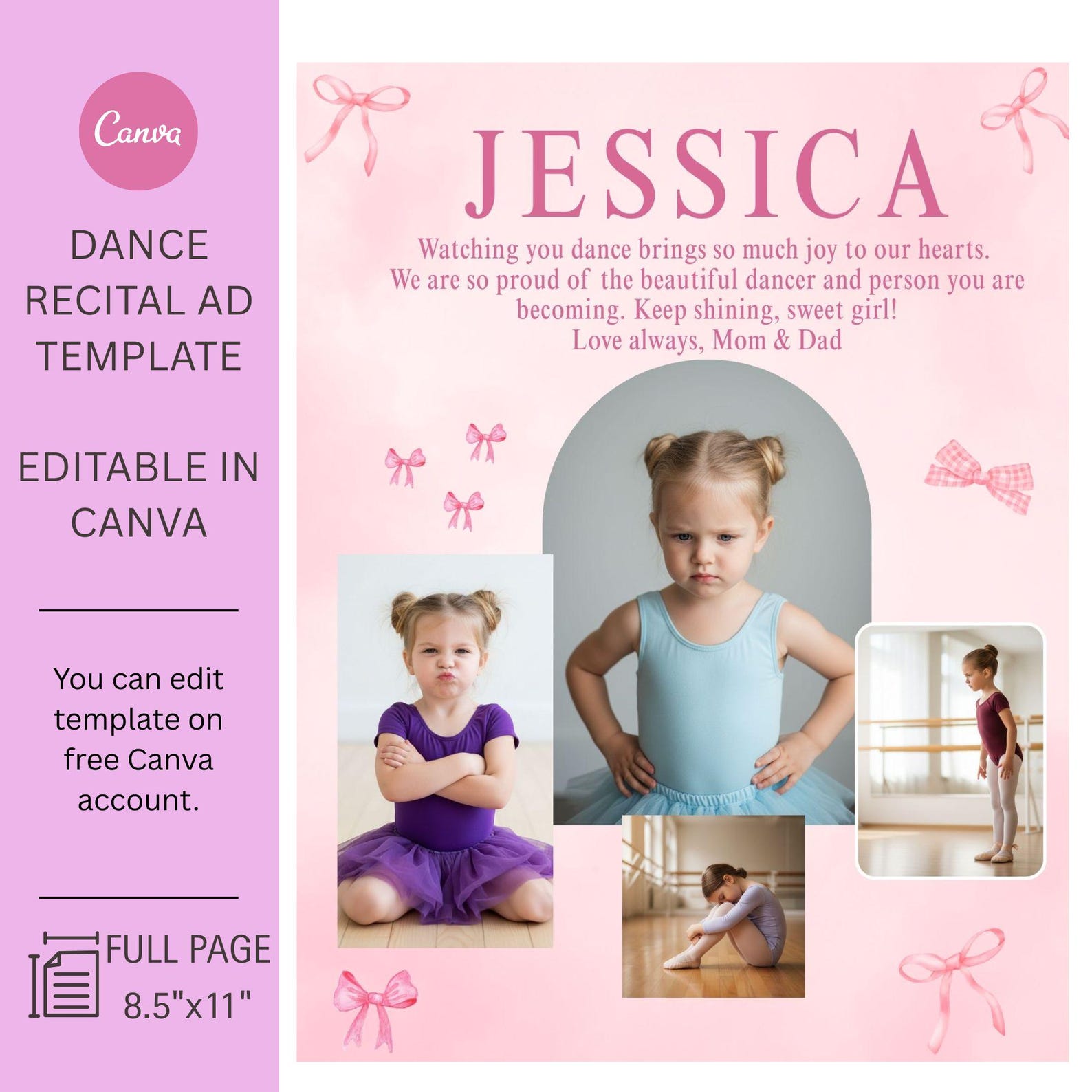 Dance Recital Tribute Canva Template, Pink Bow Ballet Yearbook Ad - Etsy