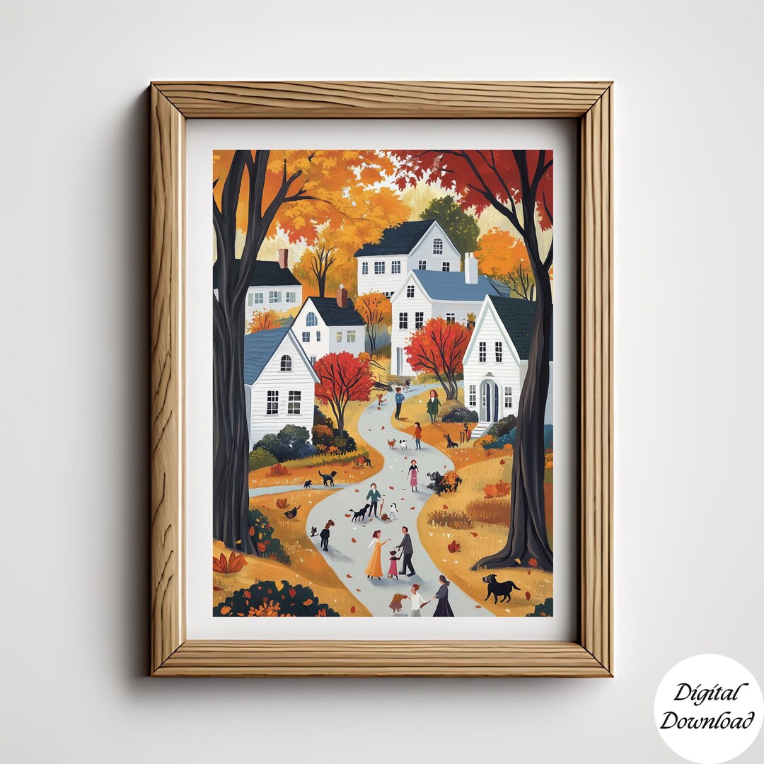 Cozy Fall Town Folk Art Printable | Autumn Scene Digital Wall Art ...