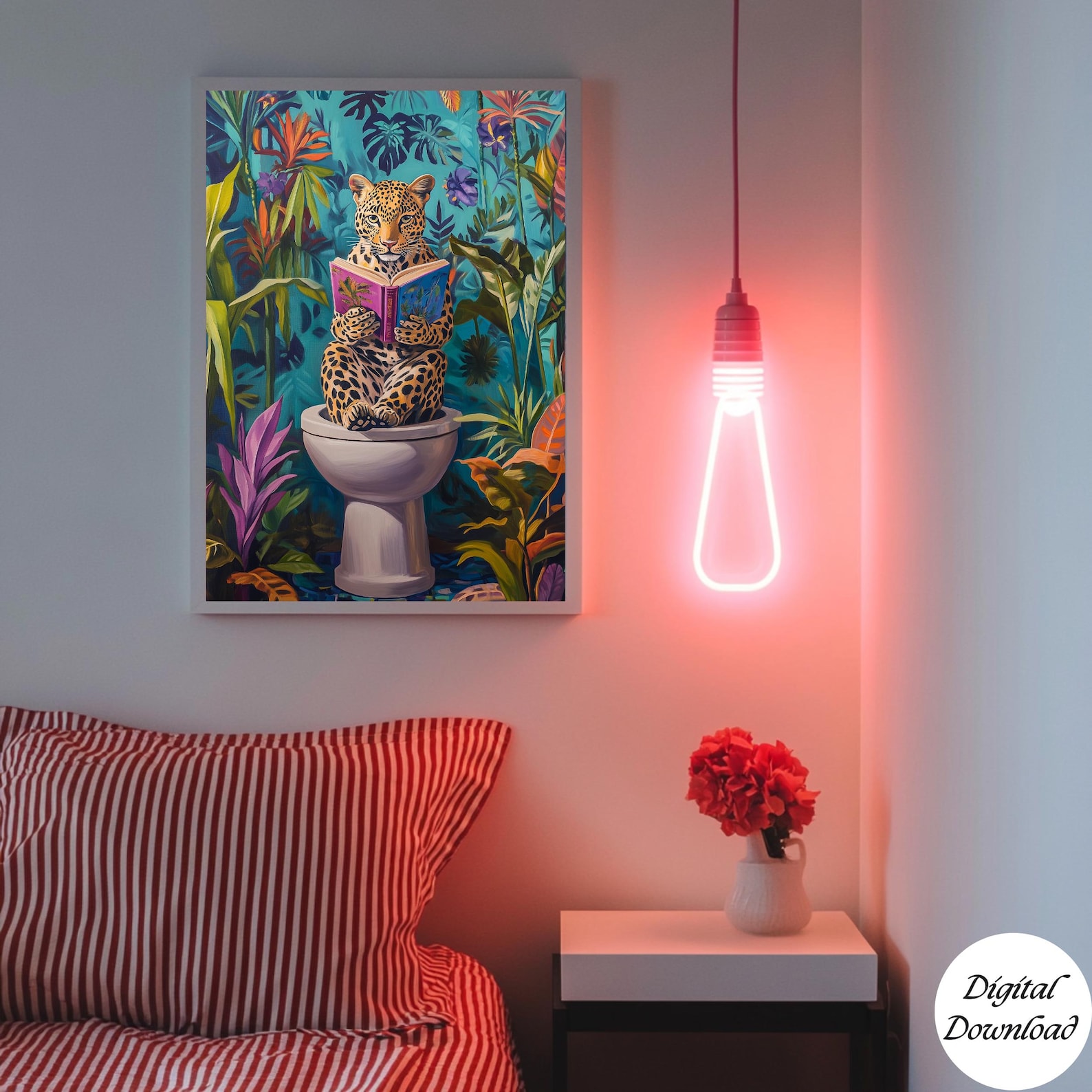 Leopard Reading in Vintage Toilet animal Wall Art Leopard Decor ...