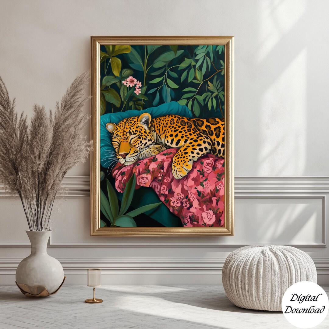 Sleepy Leopard Vintage Bed Print: Boho Bedroom Wall Art (digital ...
