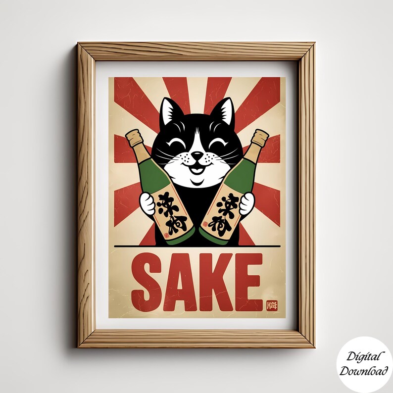 Vintage Japanese Cat Sake Poster: Retro Kitchen Art (digital Download ...