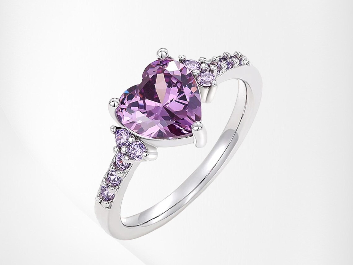 Purple Heart Cubic Zirconia Ring for Women Unique Wedding Engagement ...