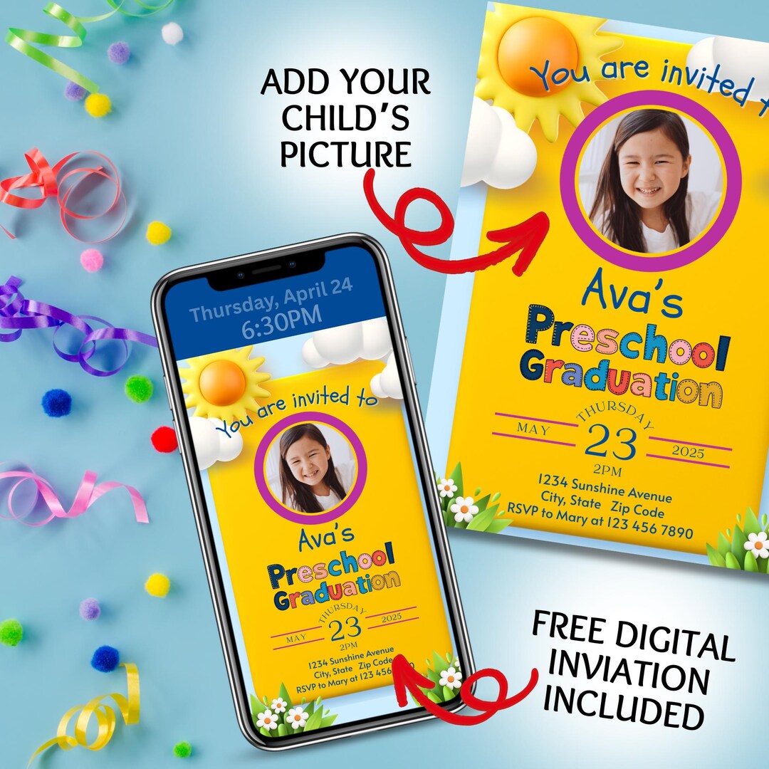 Editable Preschool Graduation Invitation: Photo Template (digital ...