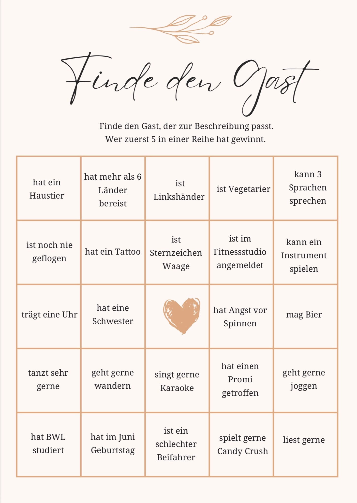 Hochzeitsbingo | Finde den Gast | Hochzeitspiel | Hochzeitsbingo zum ...