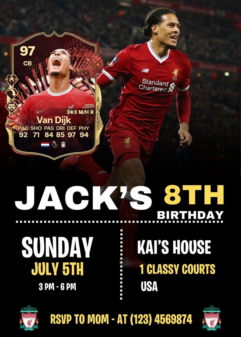 Van Dijk Birthday Invite Liverpool FC - Etsy