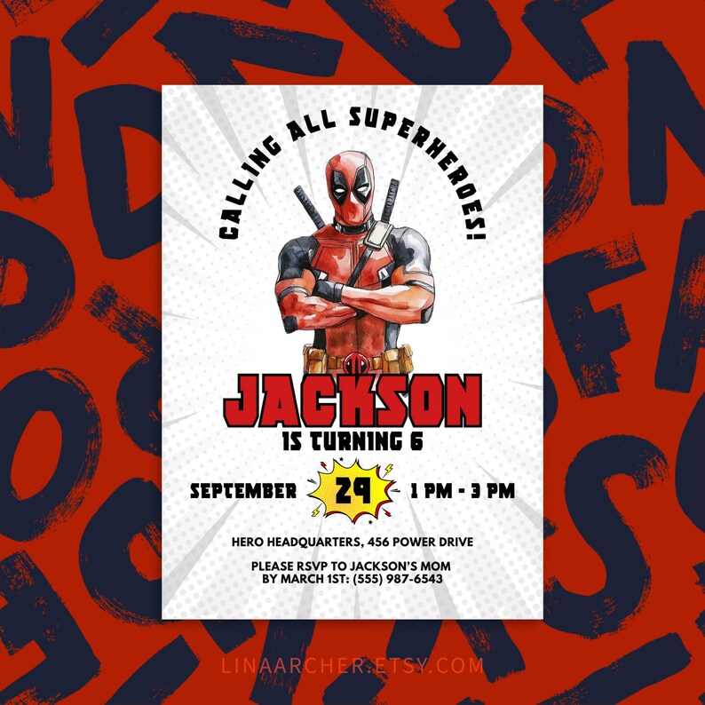 Deadpool Superhero Party Invitation - Editable Children’s Birthday ...