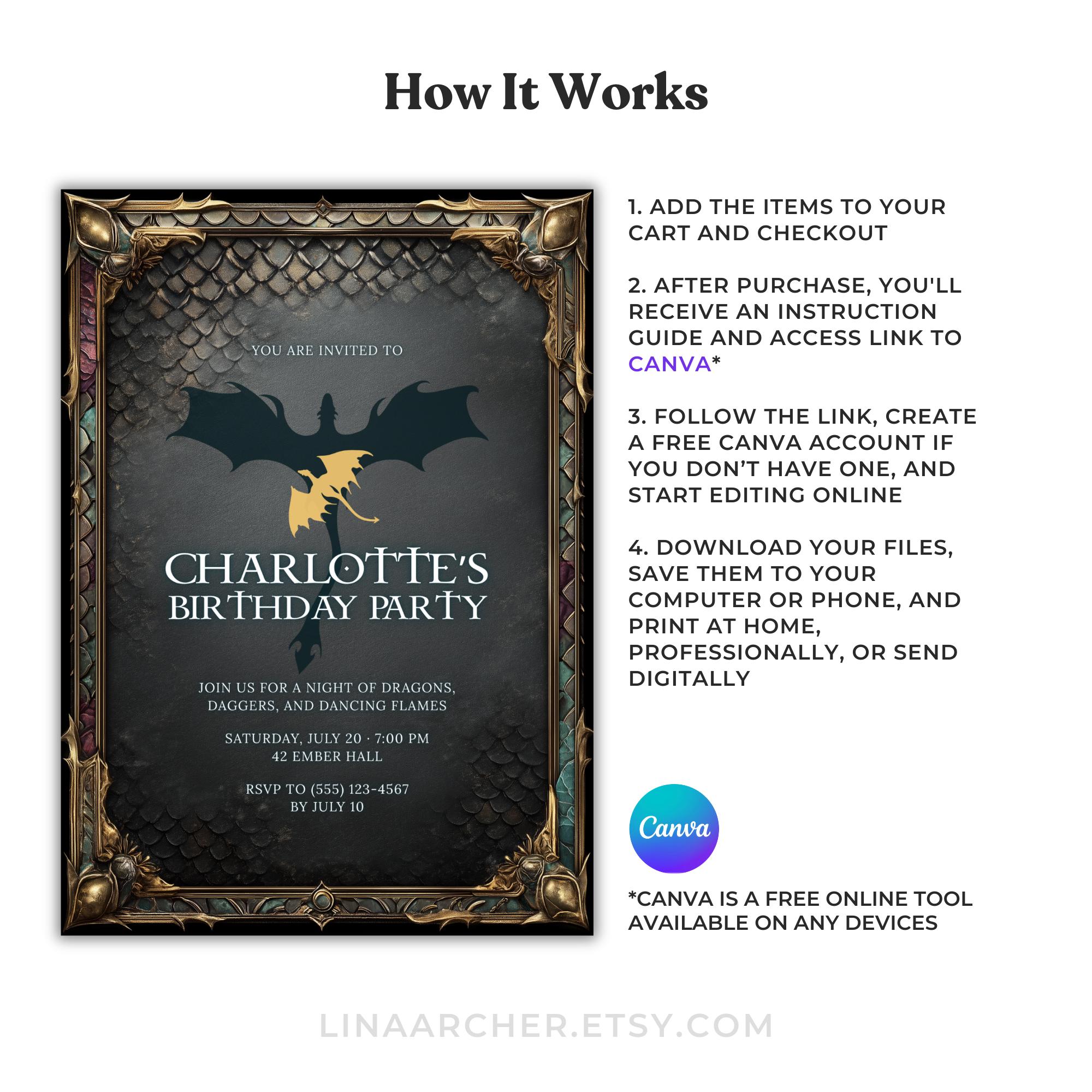 Dragon Birthday Invitation • Dragon Rider Party • Editable Canva Template • Romantasy Dark Glam ...