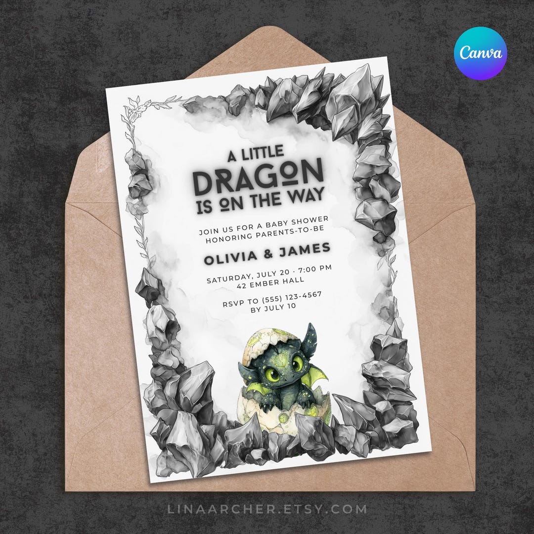 Dragon Baby Shower Invitation • Editable Canva Template • Fantasy Theme ...