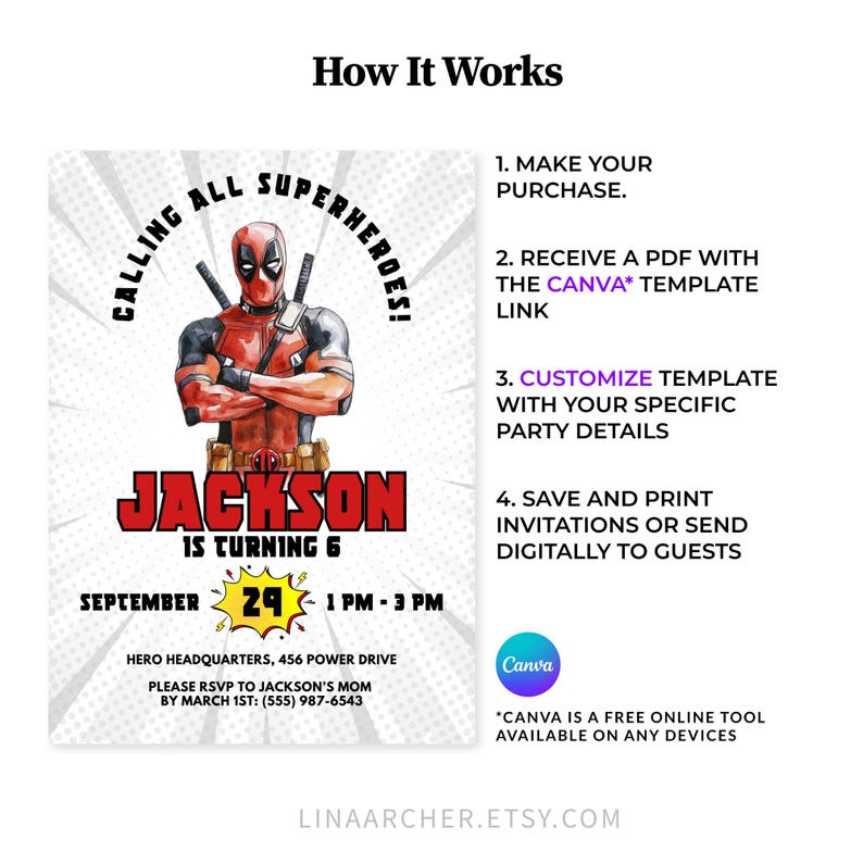 Deadpool Superhero Party Invitation - Editable Children’s Birthday ...