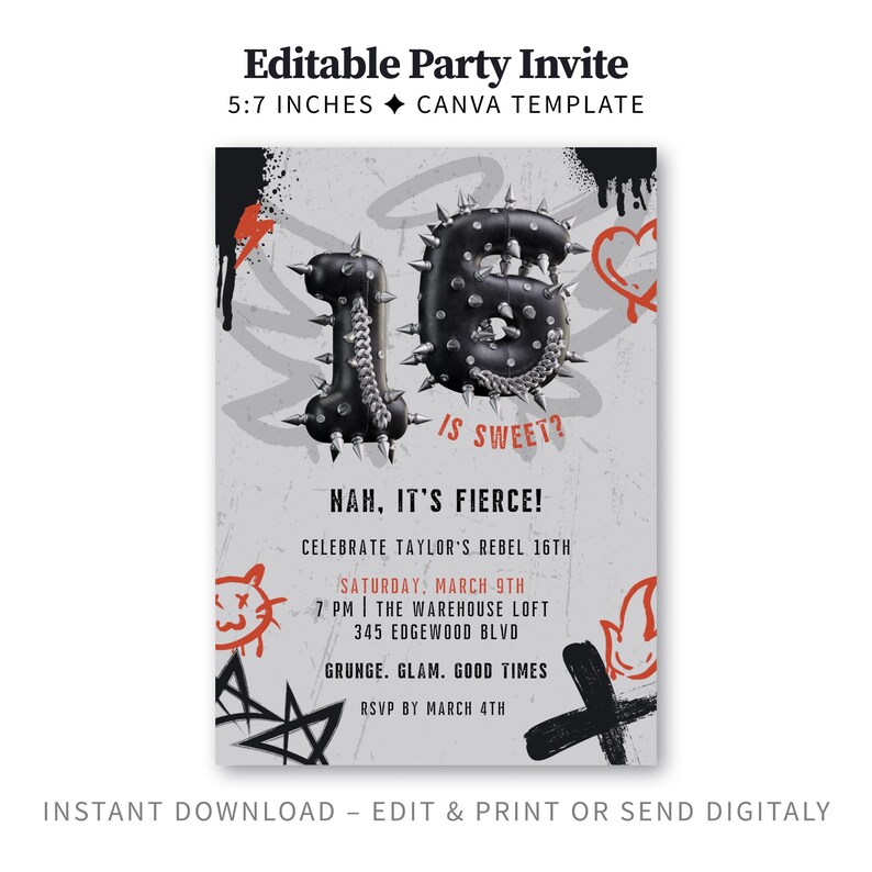 Sweet Sixteen Birthday Invitation - Rebel Sixteen Punk Rock 16th ...