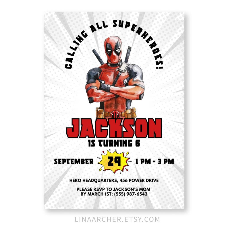 Deadpool Superhero Party Invitation - Editable Children’s Birthday ...