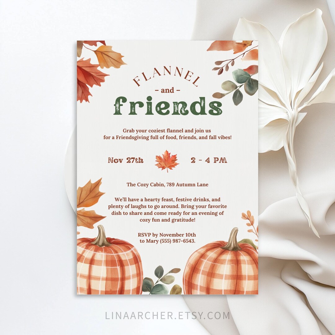 Friendsgiving Invitation - Flannel & Friends - Thanksgiving Editable ...