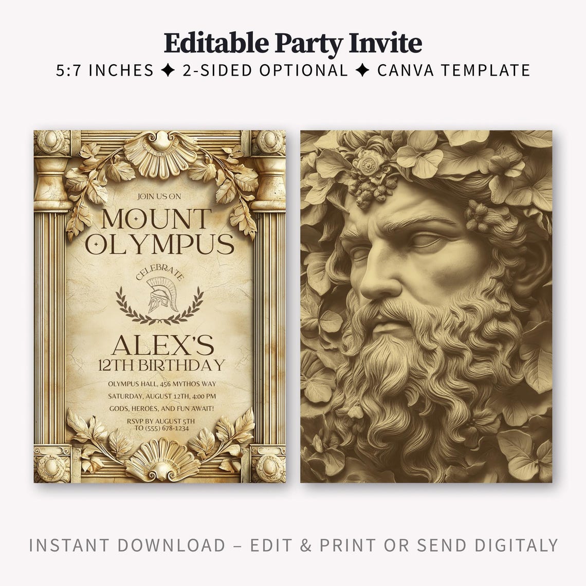 Greek Mythology Birthday Invite Editable Canva Template Printable ...