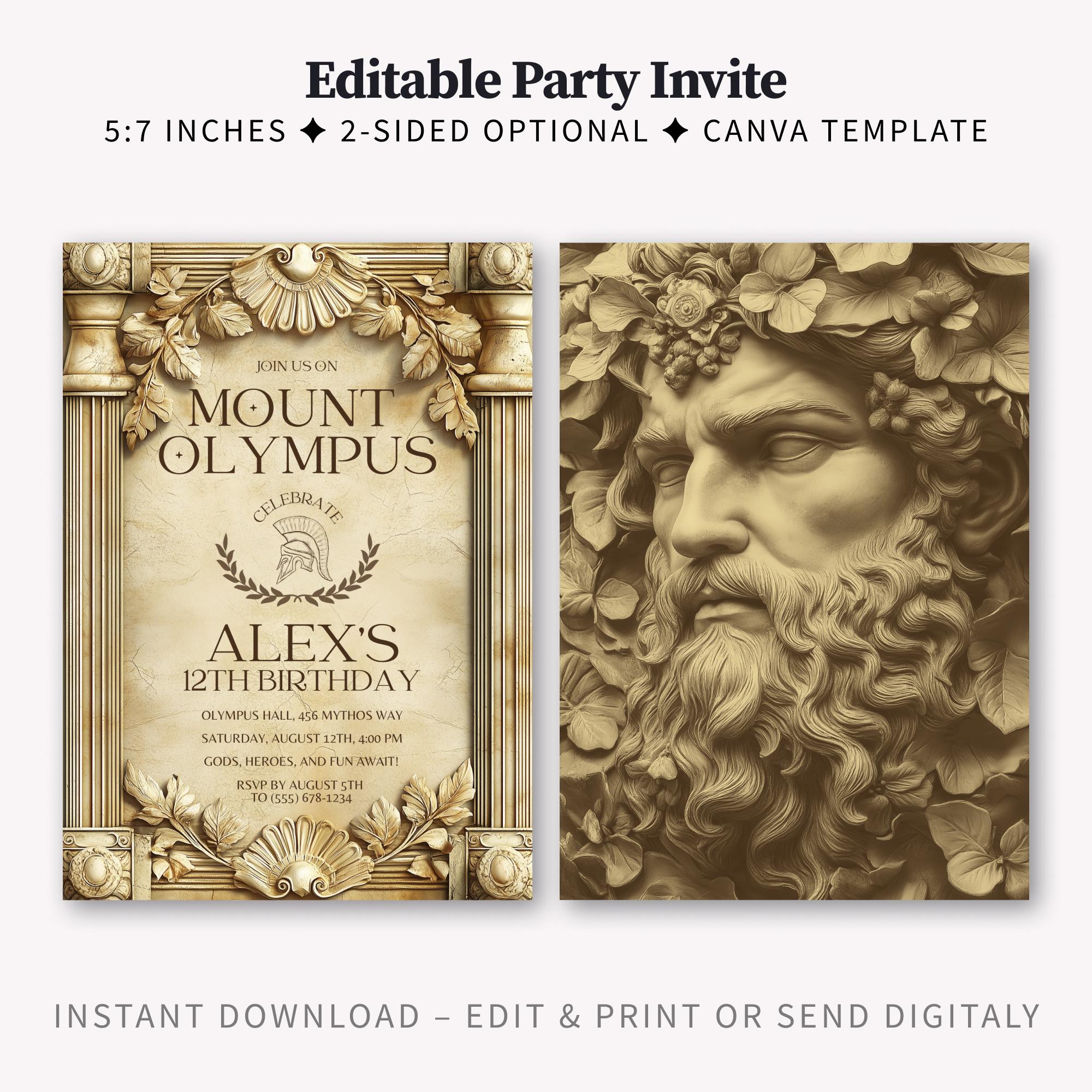 Greek Mythology Birthday Invite Editable Canva Template Printable ...