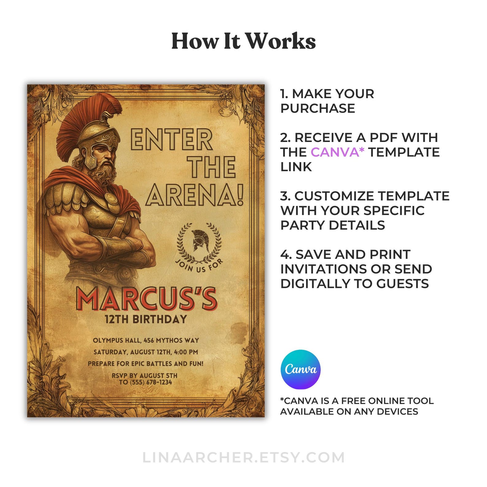 Gladiator Birthday Invitation: Ancient Rome Party, Editable Canva ...