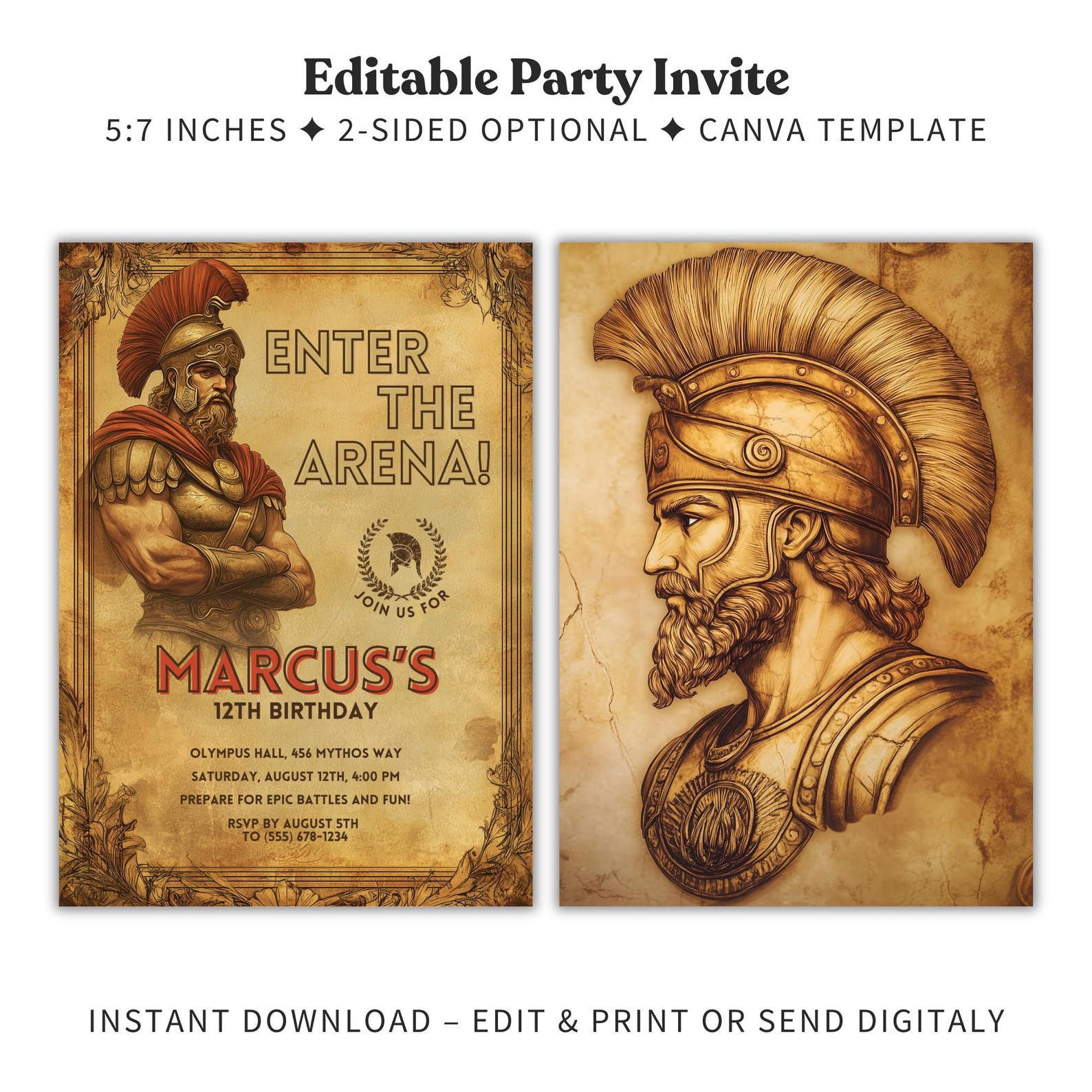 Gladiator Birthday Invitation: Ancient Rome Party, Editable Canva ...