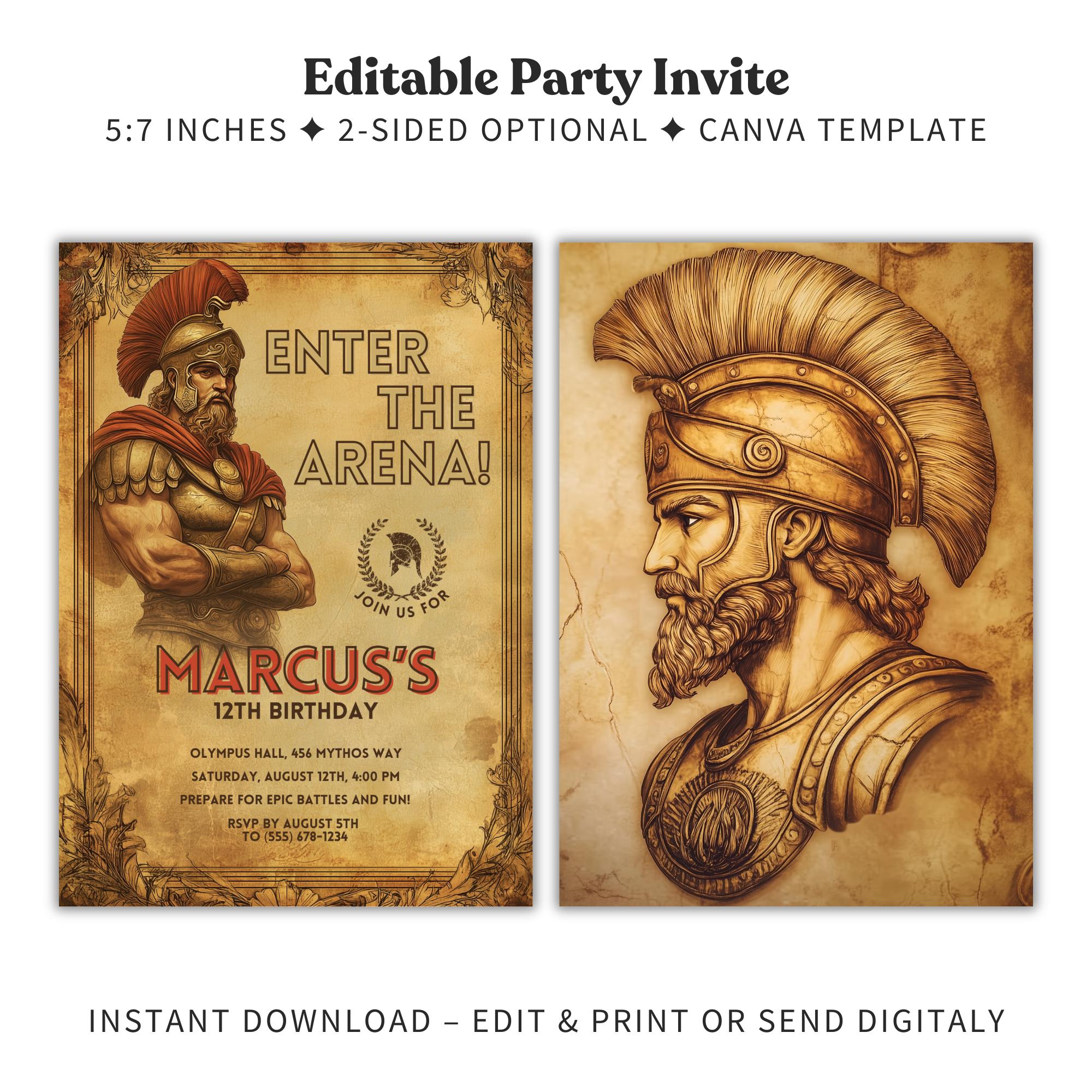 Gladiator Birthday Invitation: Ancient Rome Party, Editable Canva ...