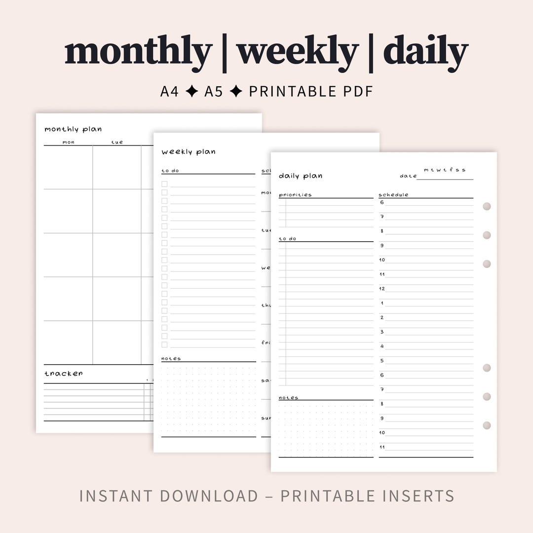 Monthly, Weekly, Daily Printable Planner Inserts Undated A4/A5 PDF - Etsy