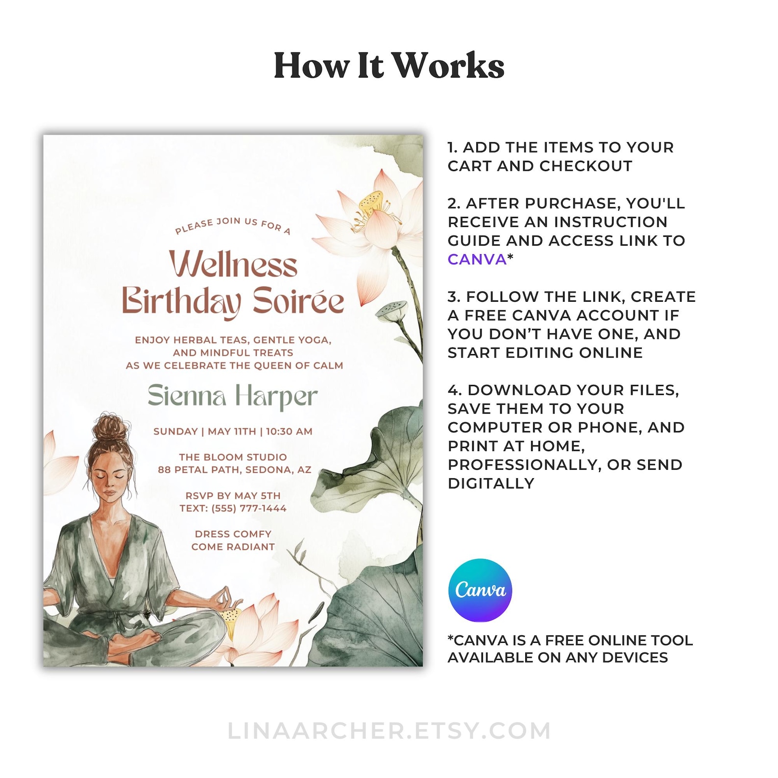 Wellness Birthday Invitation • Editable Canva Template • Spa-inspired ...