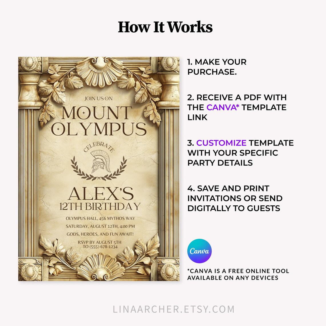 Greek Mythology Birthday Invite Editable Canva Template Printable ...