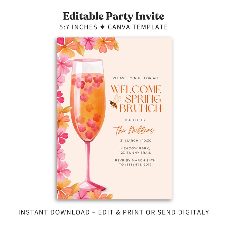 Mimosa Brunch Invitation | Floral Digital Template | Editable Invite ...