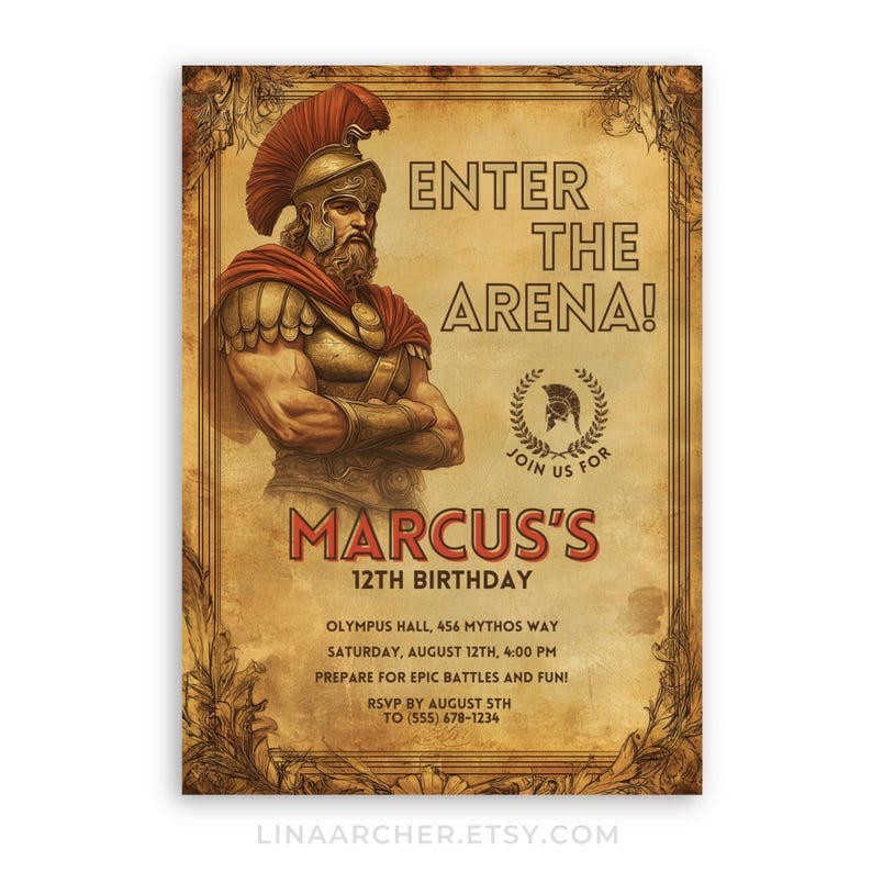Gladiator Birthday Invitation: Ancient Rome Party, Editable Canva ...