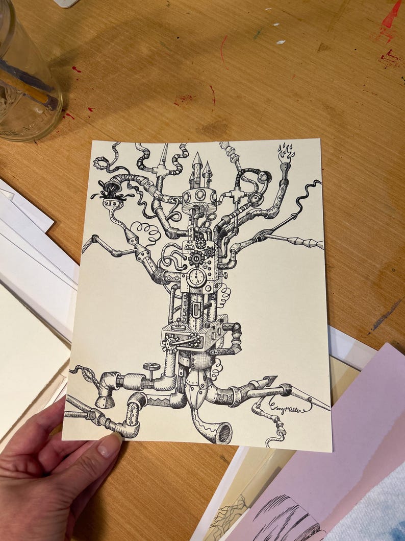 Industrial Eden 1, Steampunk Tree, Pen and Ink Drawing With Gears and ...