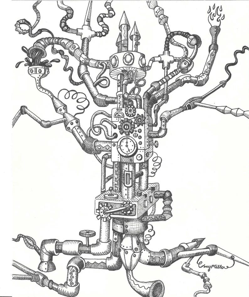 Industrial Eden 1, Steampunk Tree, Pen and Ink Drawing With Gears and ...