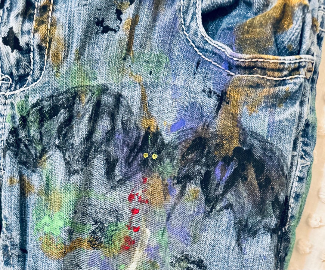 Spooky Halloween Jeans, Hand Embellished, Raggey Cotton Denim. Size 13 ...