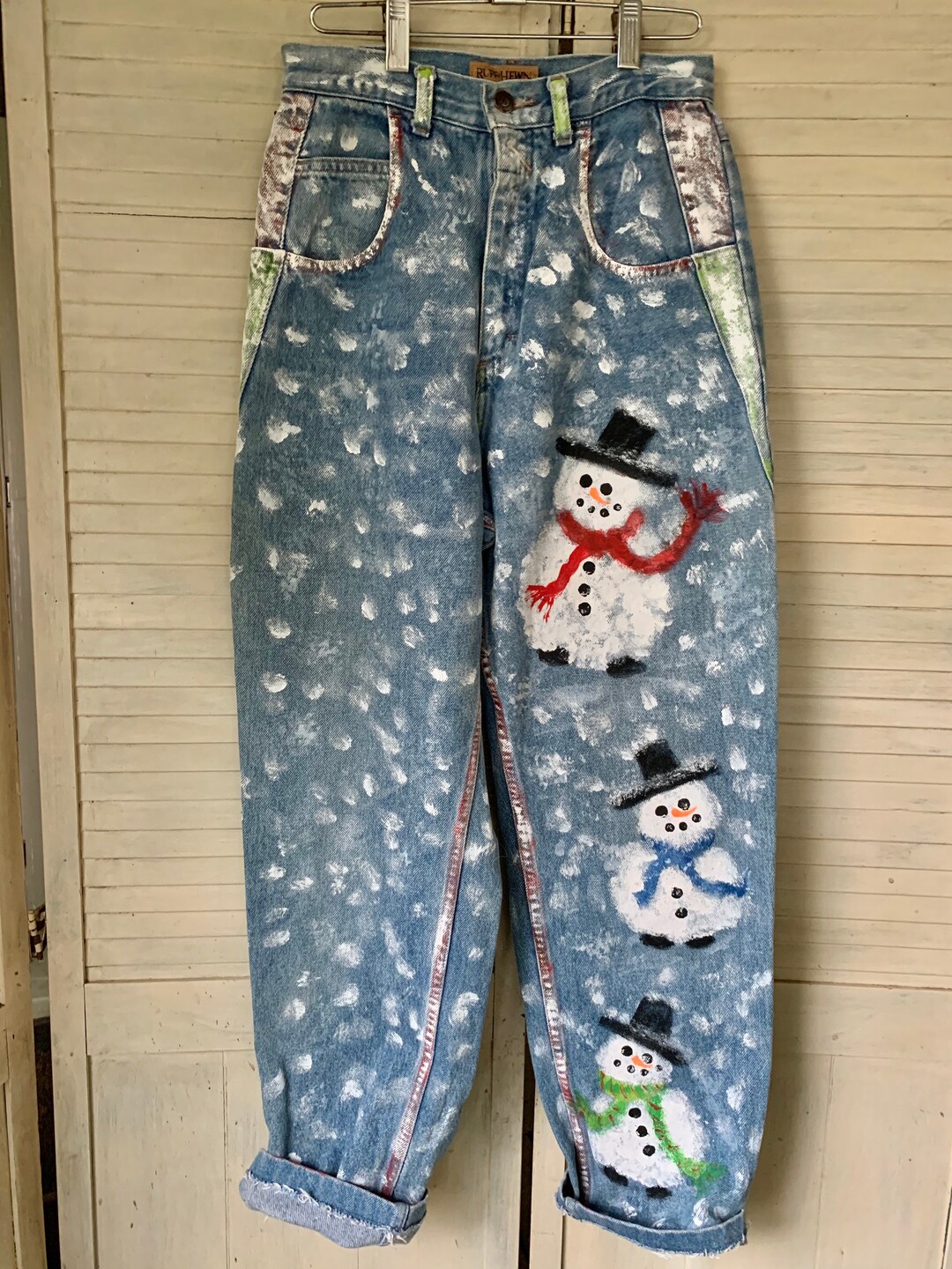 Holiday Jeans, Hand Painted Folk Art Snowmen, Snow Flakes,100 Percent ...