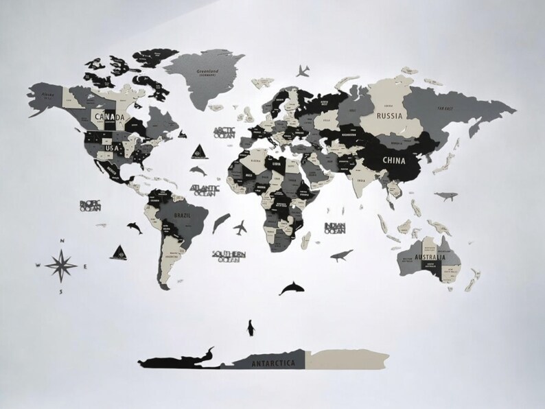 Multi-layered 3D Wooden World Map Extra Details and High Quality gray ...