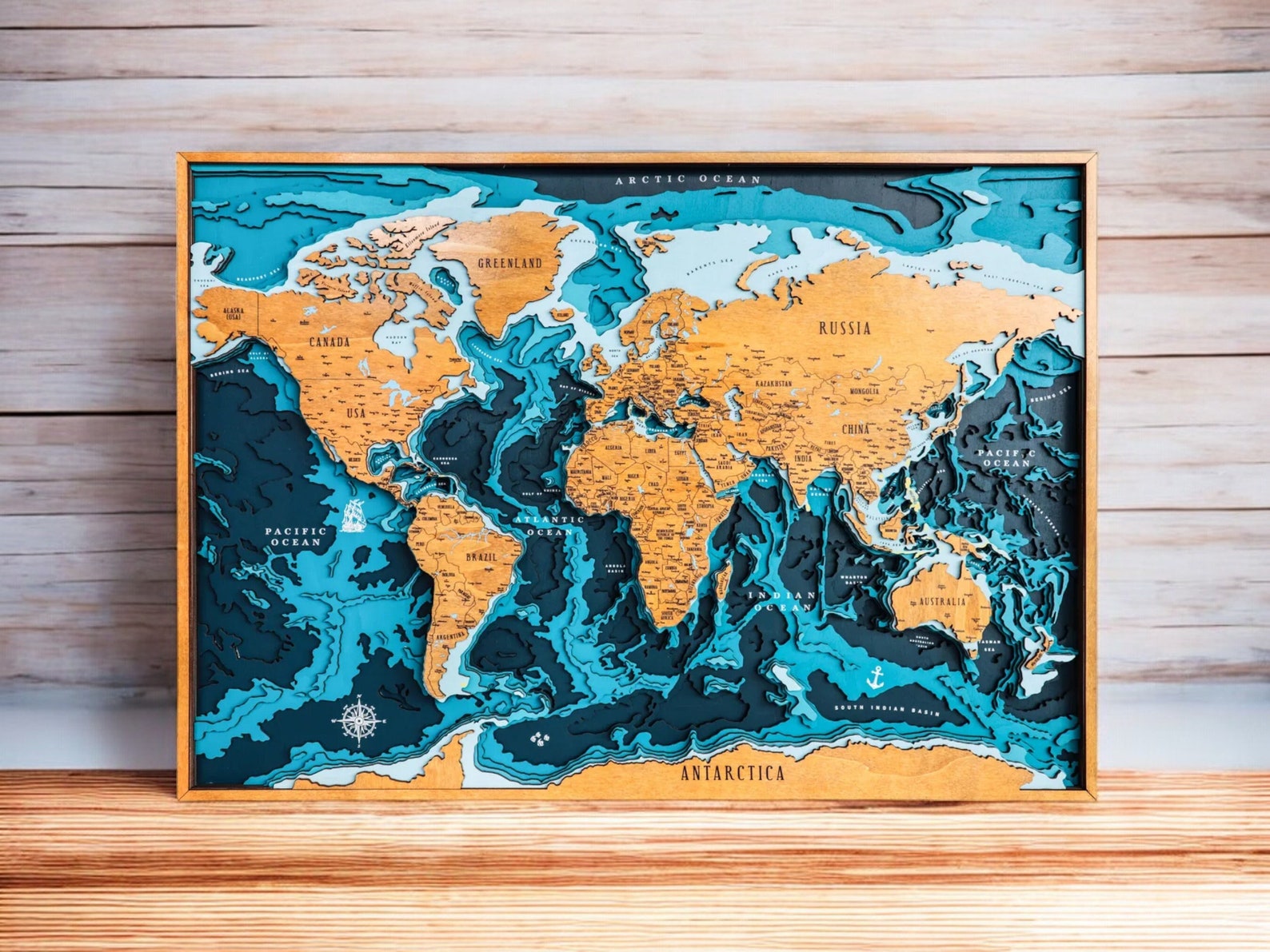 Bathymetric World Map 60x85cm Baltic Birch Wood Wall Art - Etsy