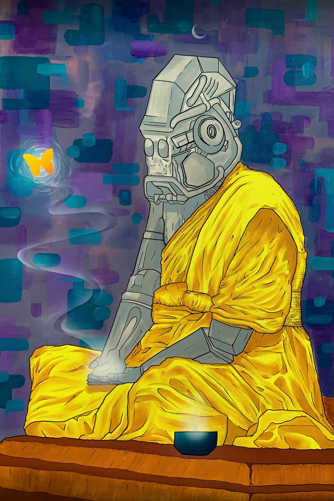 Futuristic Mystic Monk Meditating Yellow Robe Surreal Painting - Etsy