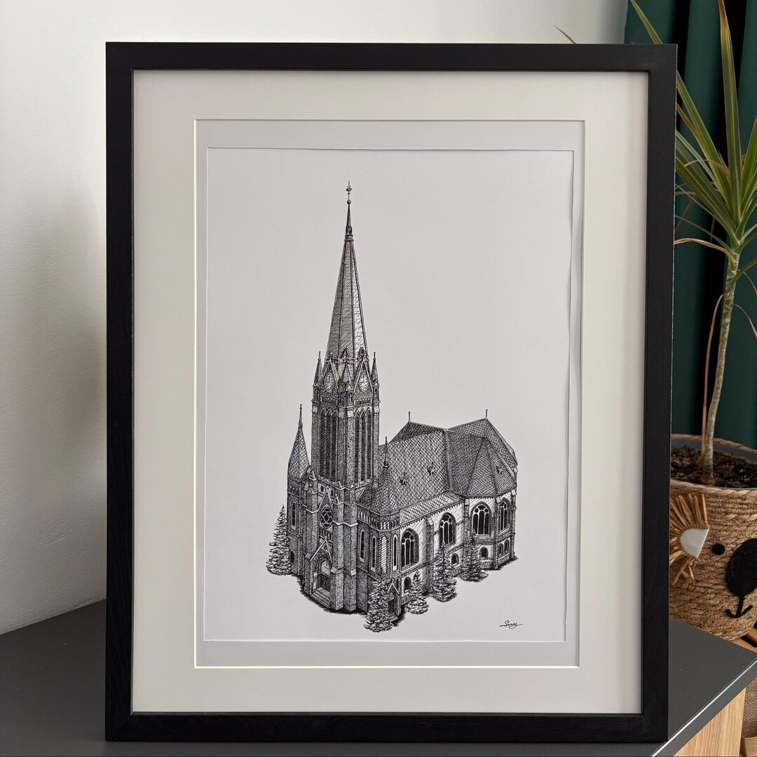 Evangelical Church Ink Drawing – Gothic Revival Architecture Print Arad ...