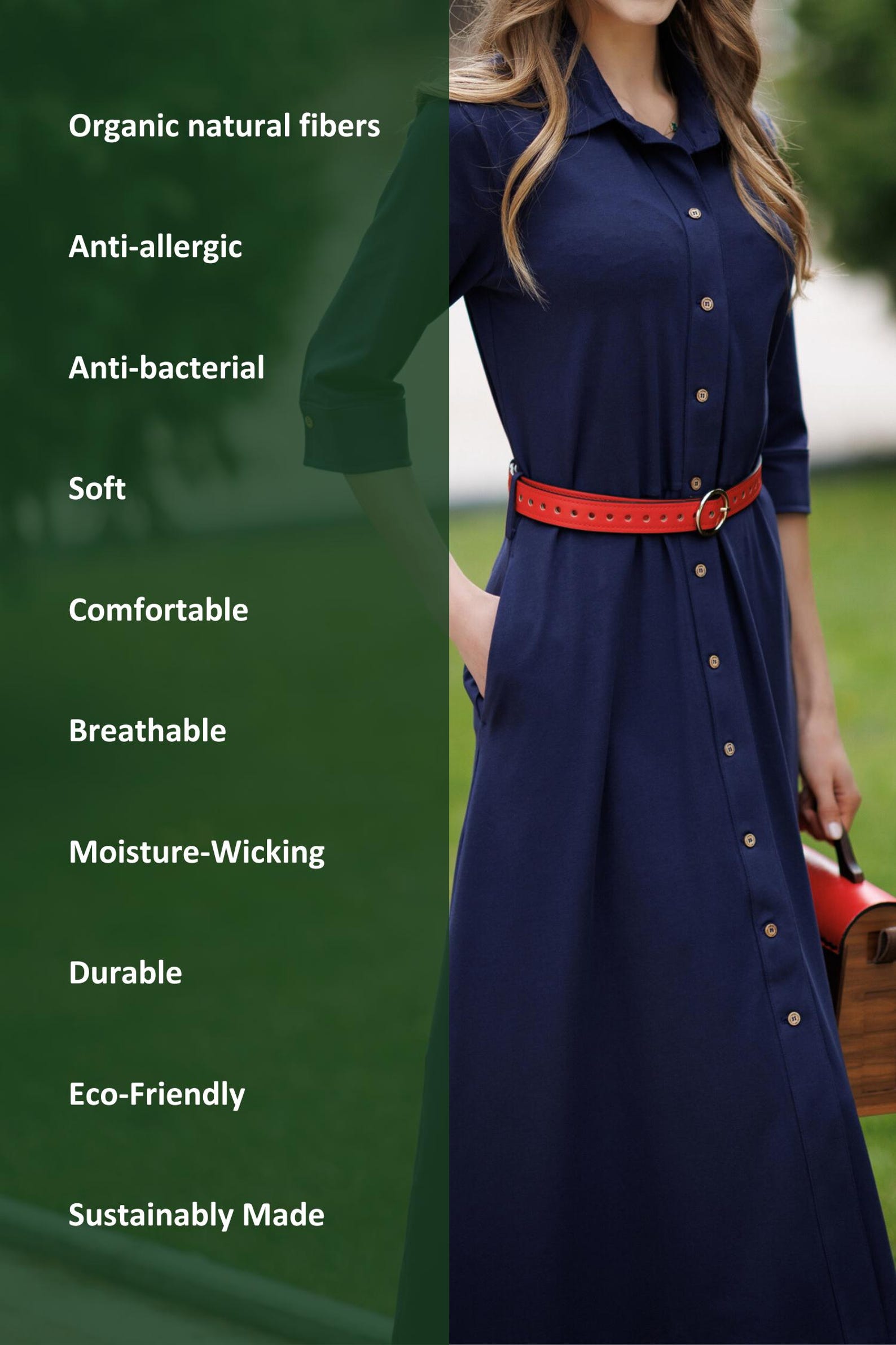 Organic Cotton Midi Dress: Dark Blue Button-up Belted Dress - Etsy