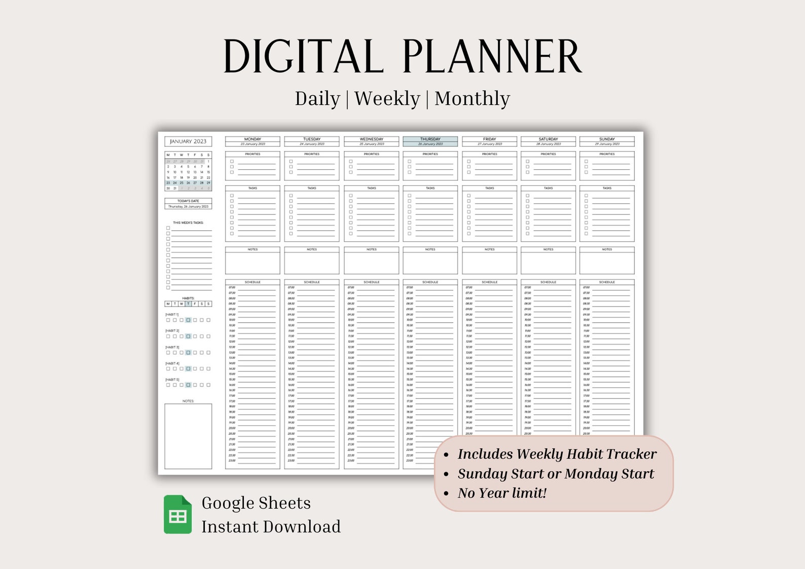 Digital Planner Google Sheets, Monthly to Do List, Weekly to Do List ...