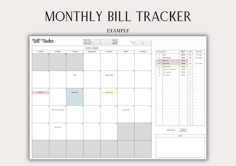 Monthly Bill Tracker Calendar Google Sheets Spreadsheet, Monthly Bill ...