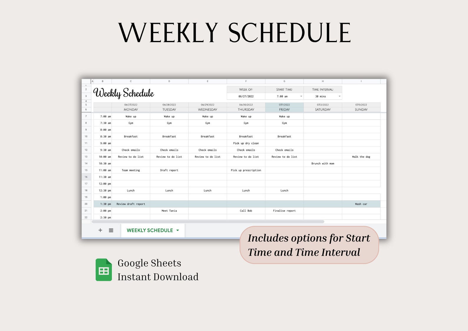 Weekly Schedule Google Sheets, Daily Schedule, Digital Schedule Planner ...