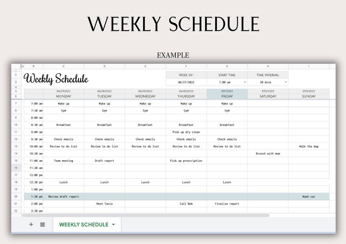 Weekly Schedule Google Sheets, Daily Schedule, Digital Schedule Planner ...