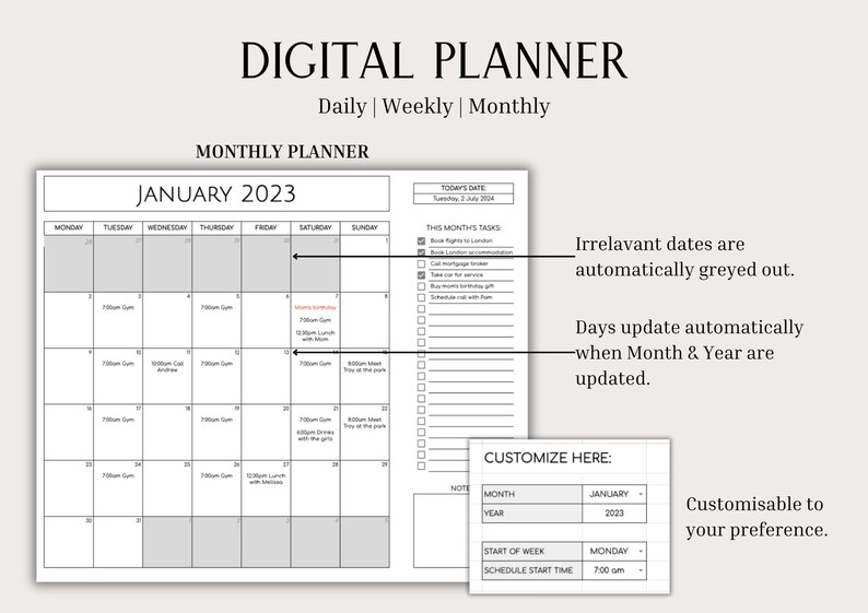 Digital Planner Google Sheets, Monthly to Do List, Weekly to Do List ...
