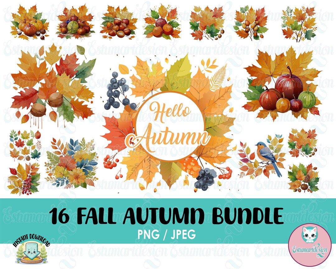 Watercolor Fall Clipart Bundle, Autumn Leaves, Pumpkins (PNG, JPEG) - Etsy