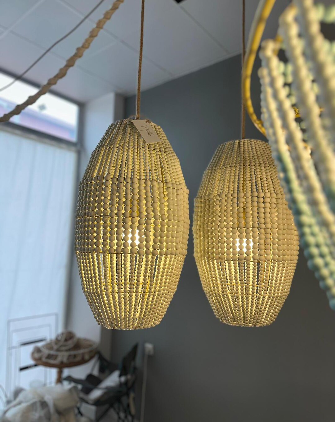 Handmade Wooden Bead Pendant Light, Boho Style Natural Hanging Lamp ...