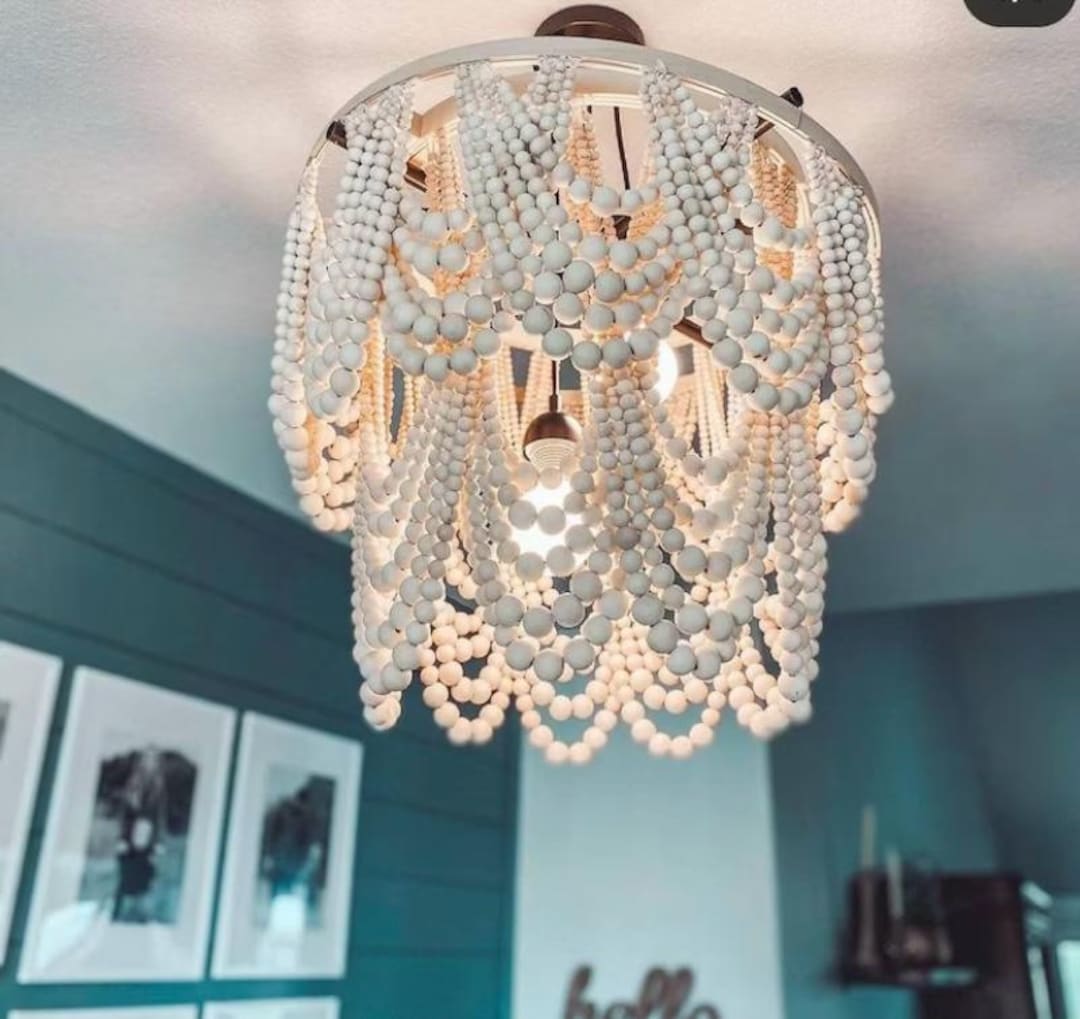 Beaded Chandelier, Wooden Beaded Light, Beach House Decor, Nursery ...