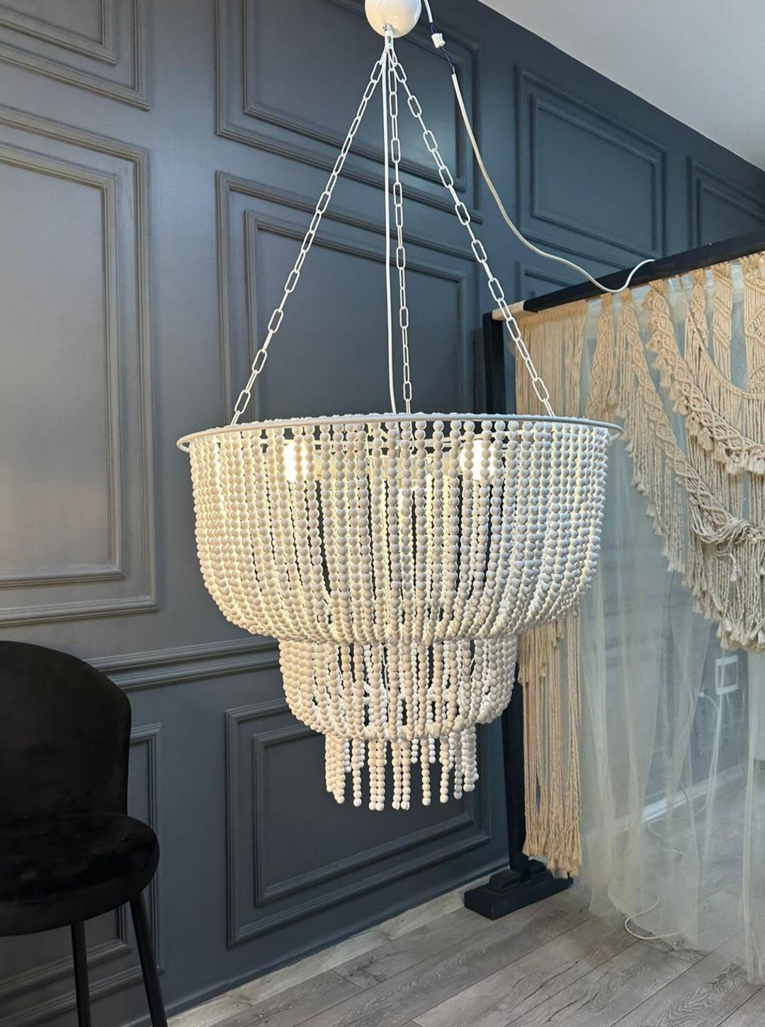 White Bead Chandelier, Modern Living Room Ligh, Wedding Decor, Beaded ...