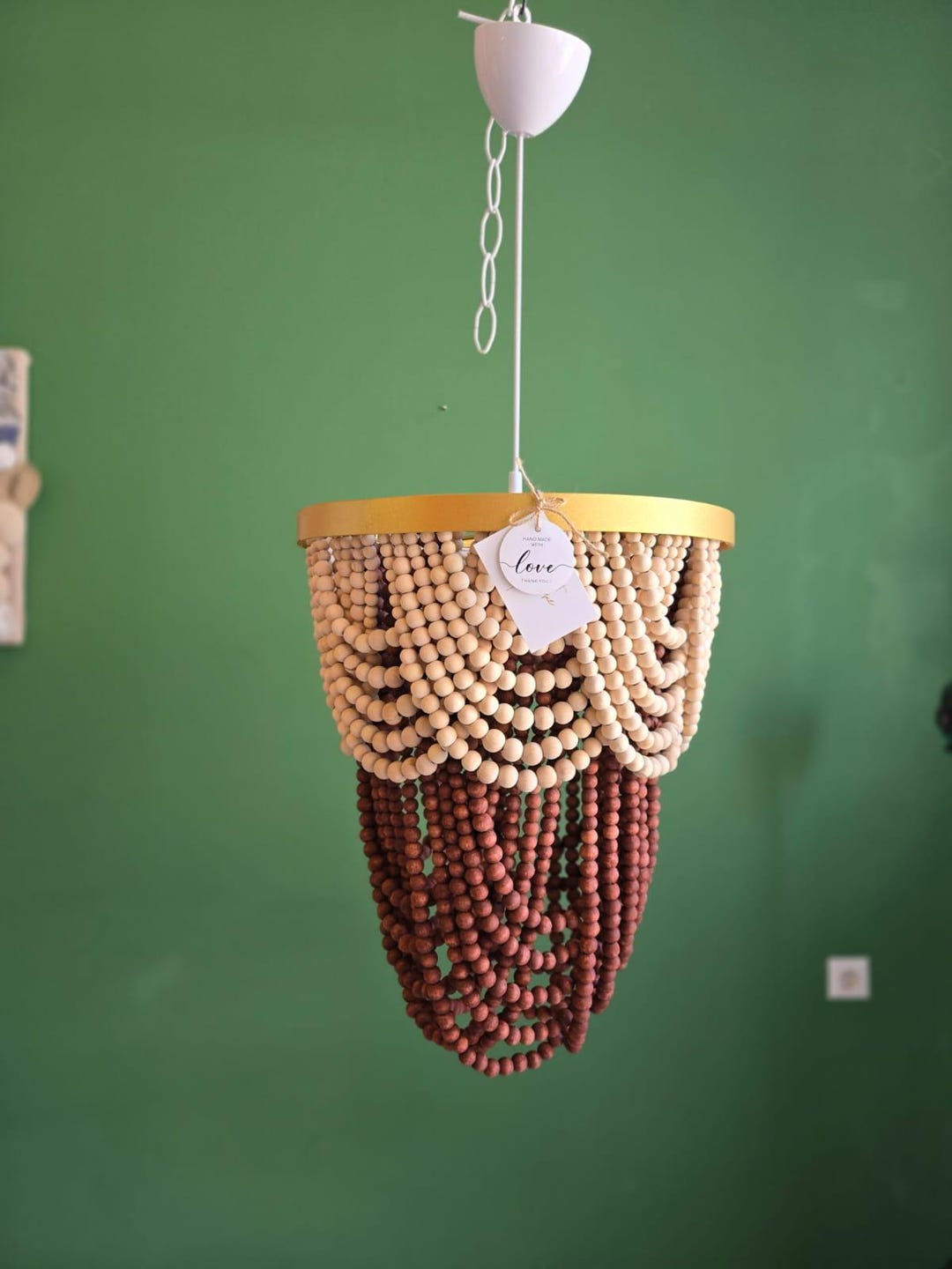 Wooden Beaded Chandelier, Brown Bead Lighting, Boho Pendant Light ...