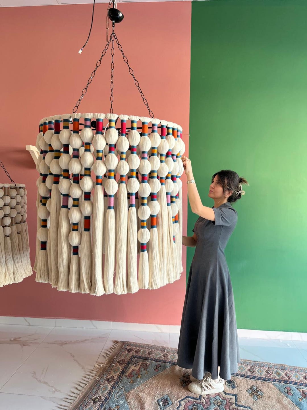 Large Boho Chandelier, Cotton Tassel Pendant Light, Woven Ceiling Lamp, Macrame Light for Hotels ...