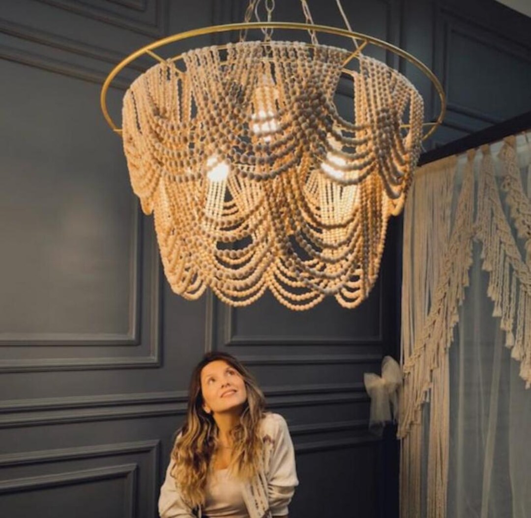 Boho Wood Bead Chandelier: Rustic Farmhouse Pendant Light - Etsy