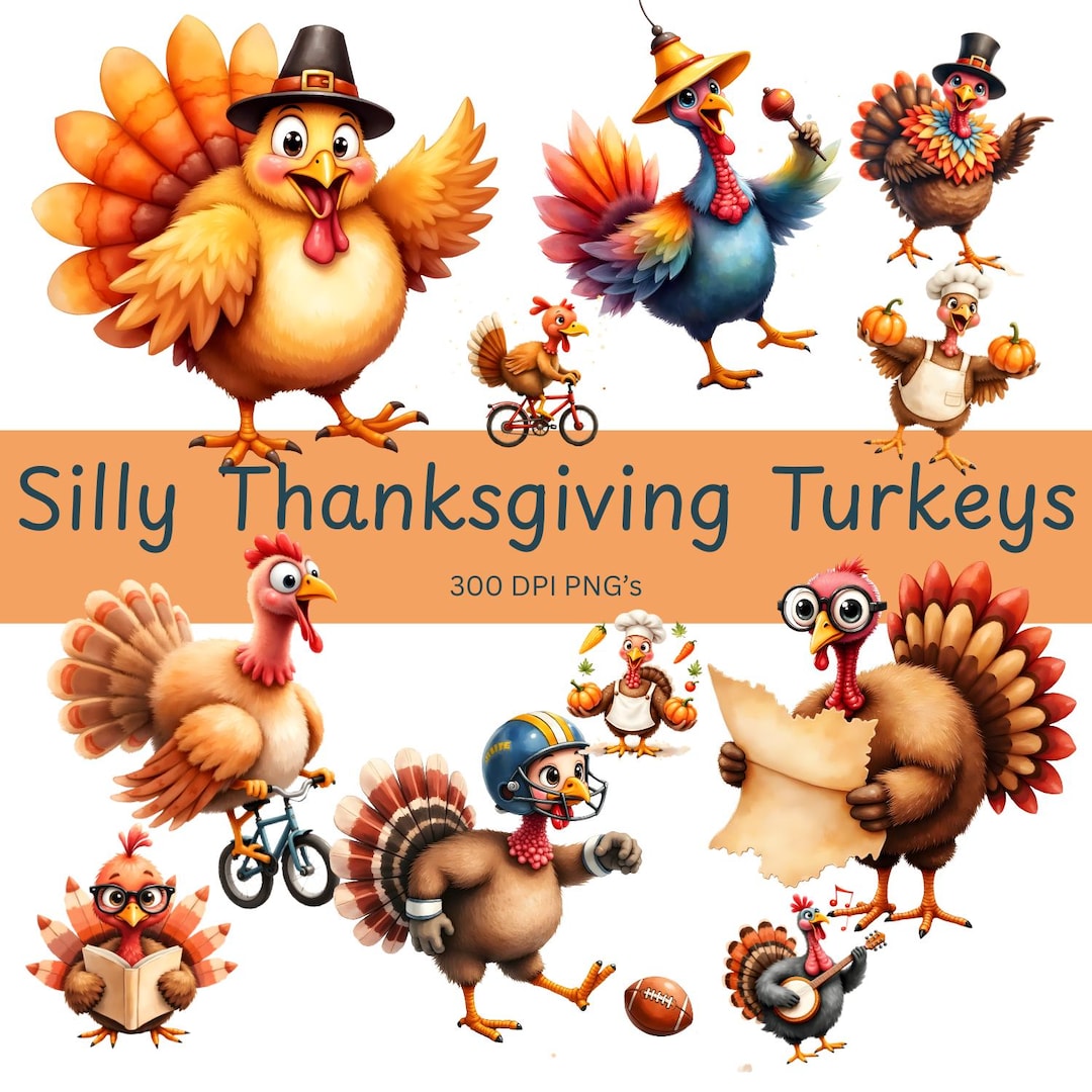 Silly Thanksgiving Turkeys Clip Art Set Funny Fall Pilgrim Football ...
