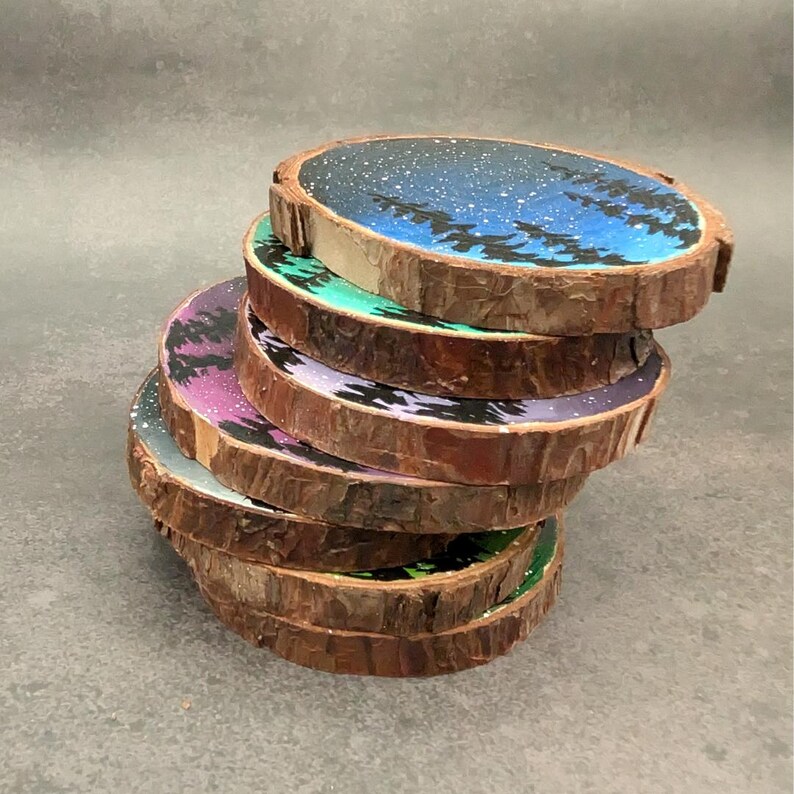 Starry Night Forest Wood Coasters: Hand-painted Tree Slice Coasters ...